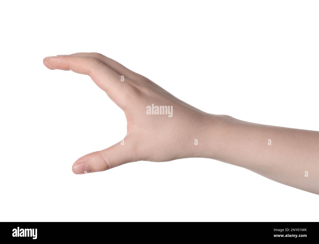 Woman holding something against white background, closeup Stock Photo ...