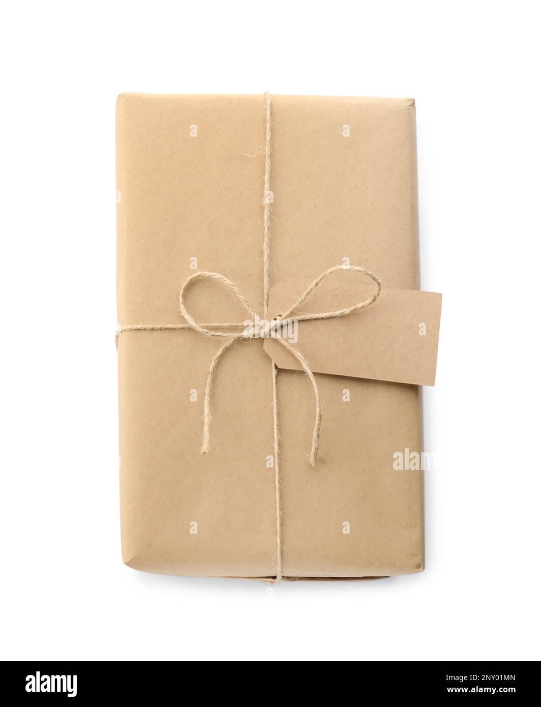 Parcel wrapped with kraft paper, twine and tag isolated on white, top ...