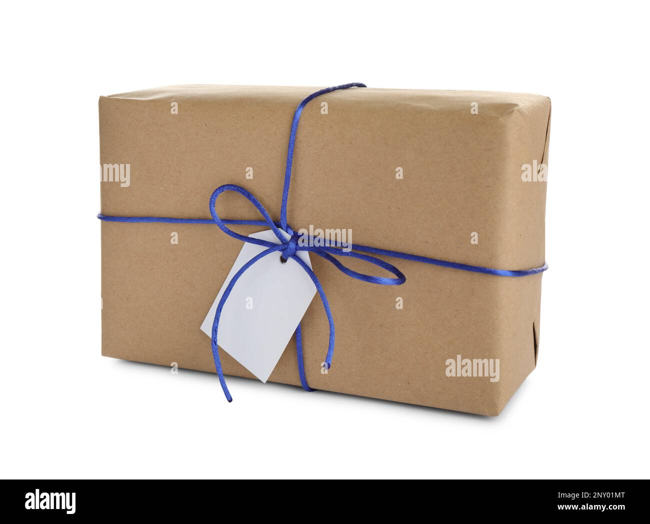 Parcel wrapped in kraft paper with tag on white background Stock Photo ...
