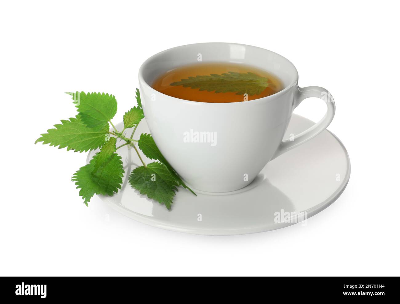 Cup of aromatic nettle tea and green leaves on white background Stock ...