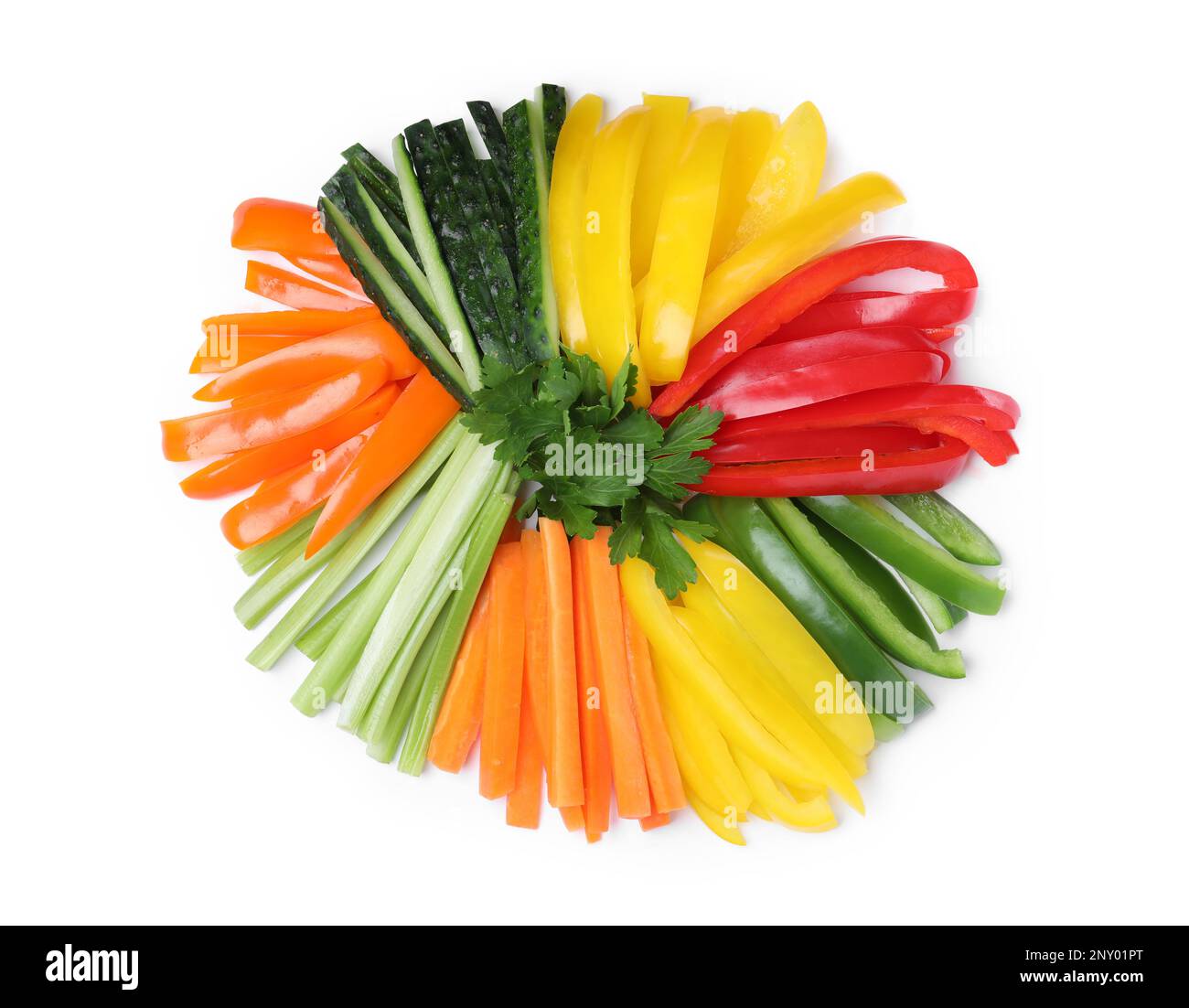 Different vegetables cut in sticks on white background, top view Stock ...