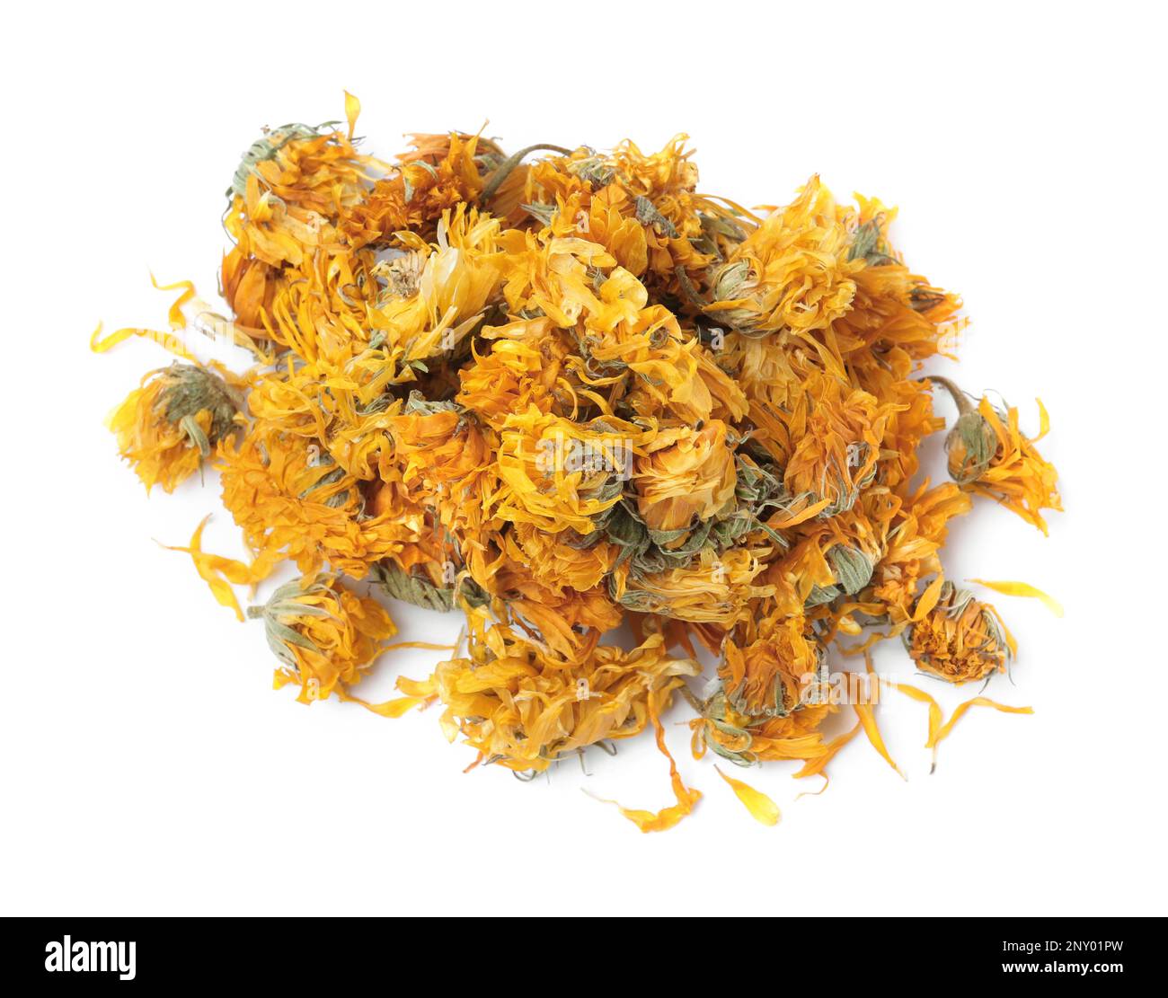 Pile of dry calendula flowers on white background, above view Stock ...