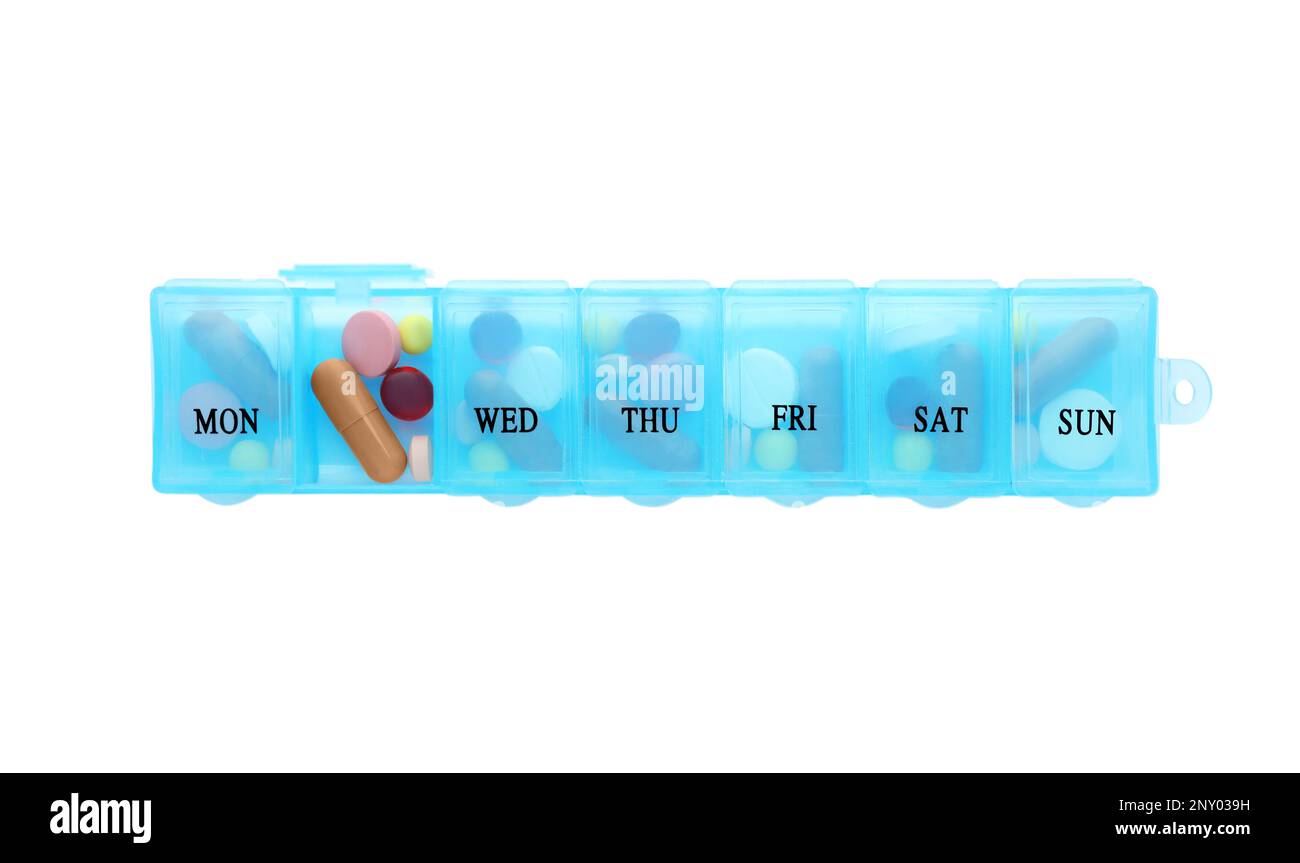 Pill box with medicaments isolated on white, top view Stock Photo - Alamy