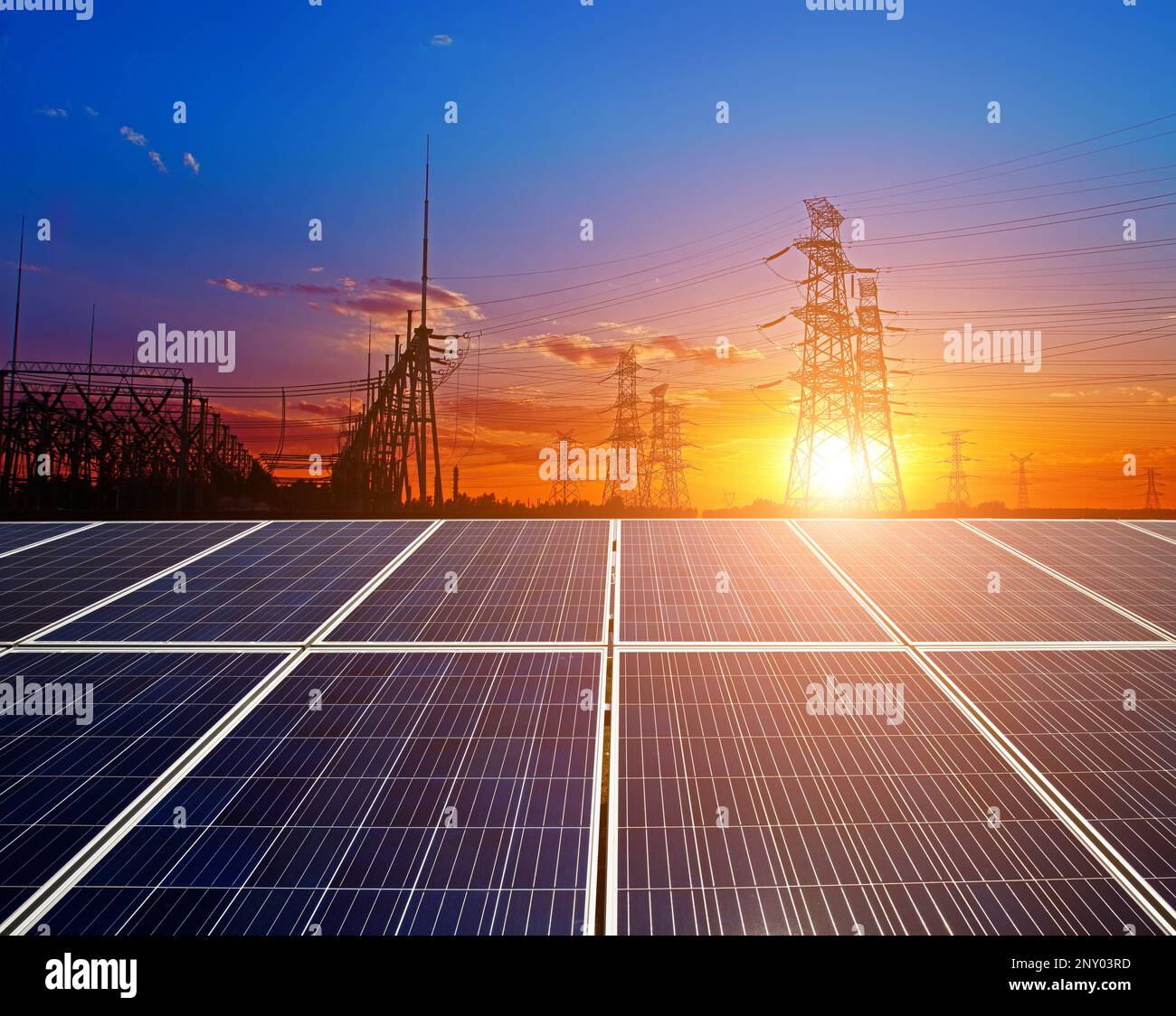 Solar panels and pylon, green environmental protection Stock Photo - Alamy