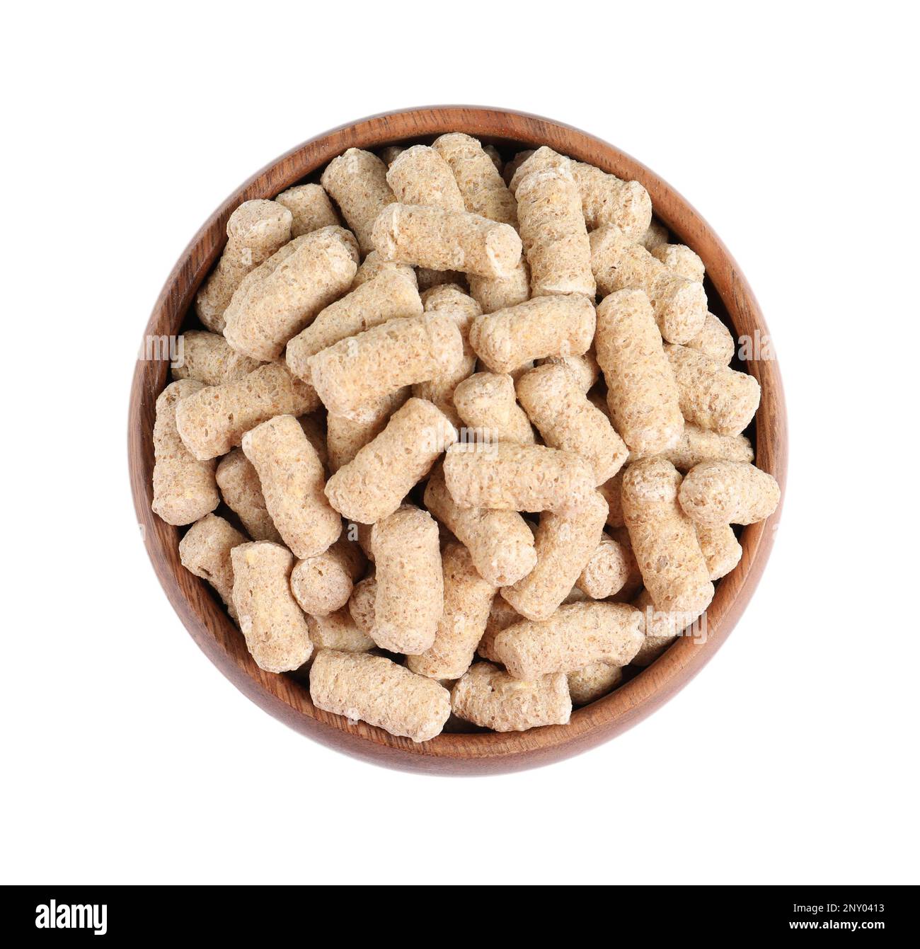 Granulated wheat bran in bowl on white background, top view Stock Photo ...