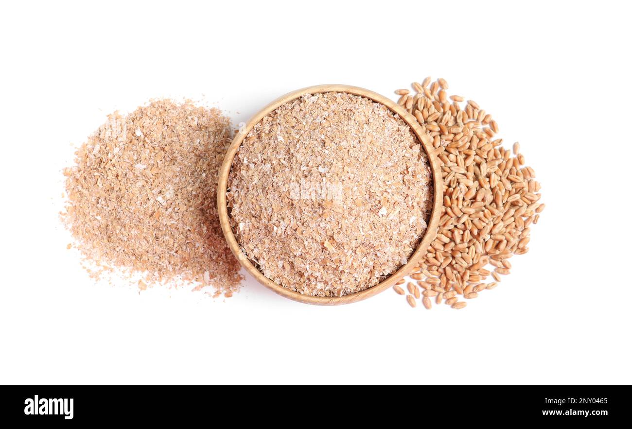 Wheat bran and kernels on white background, top view Stock Photo - Alamy