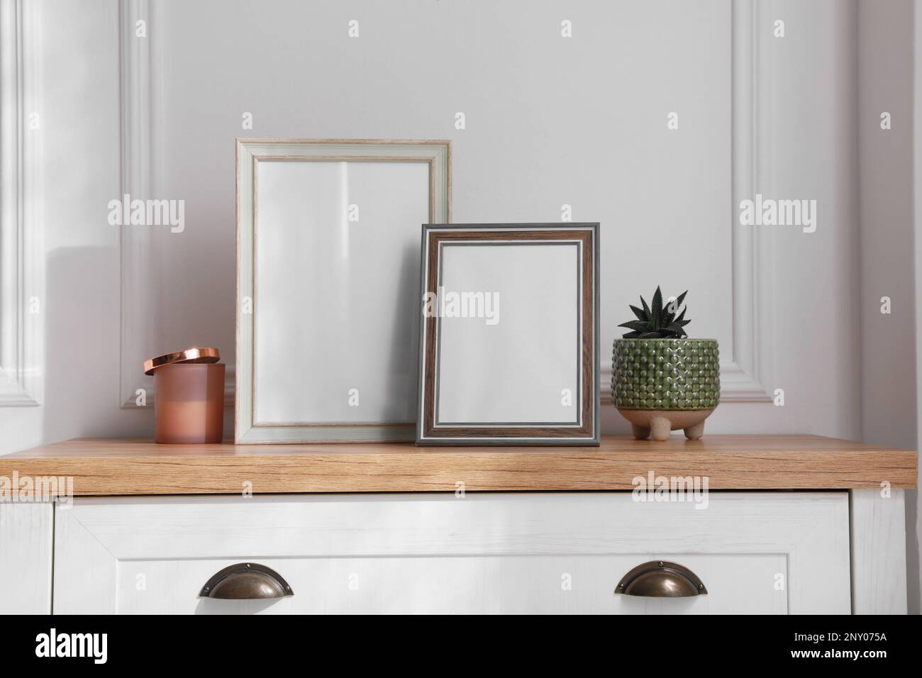 Empty photo frames and succulent on chest of drawers indoors Stock ...