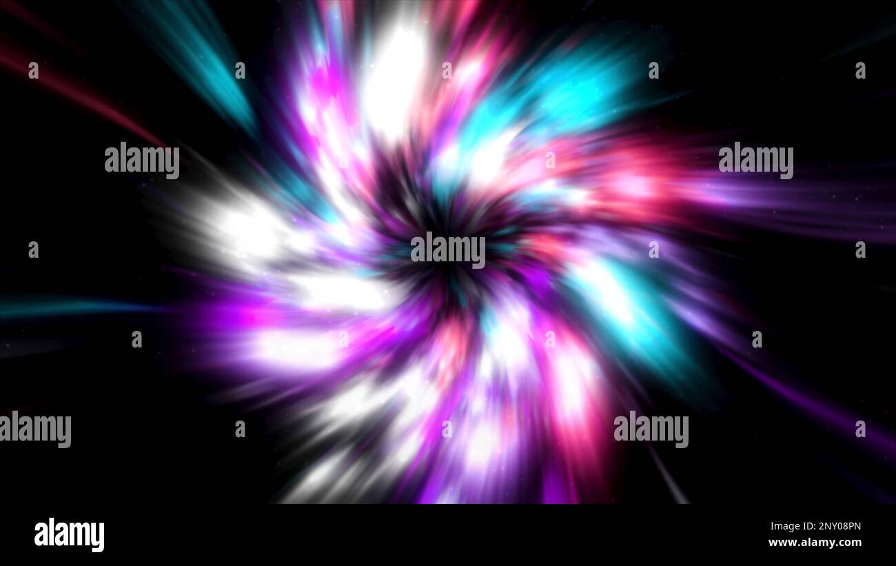 Colorful luminous flow in space. Motion. Colorful spots move in stream on black background ...