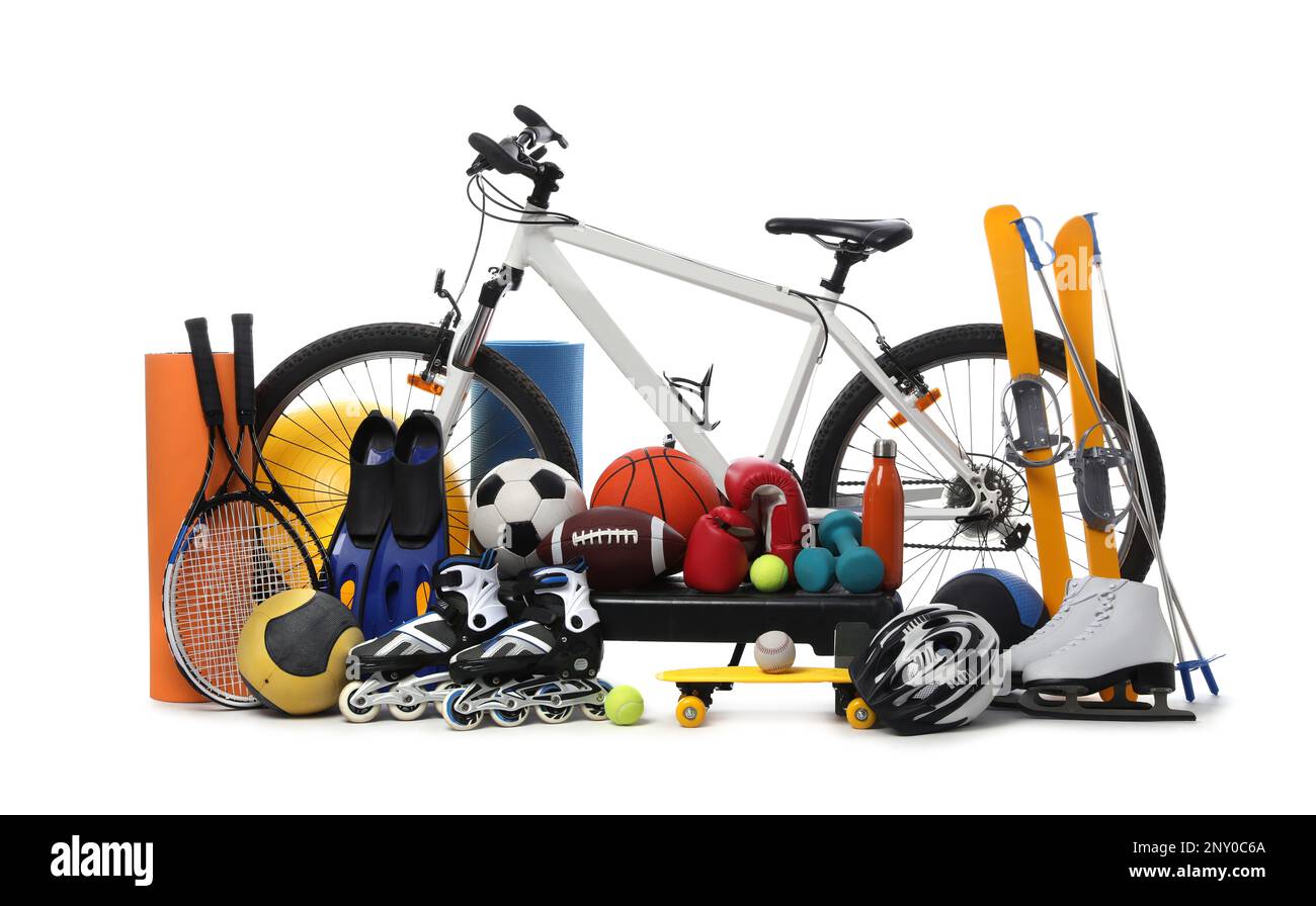 Bicycle and different modern sport equipment on white background Stock ...