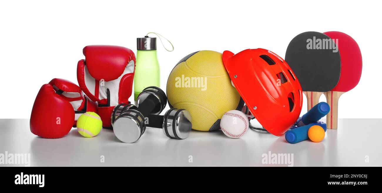 Set of different sports equipment on white background Stock Photo - Alamy
