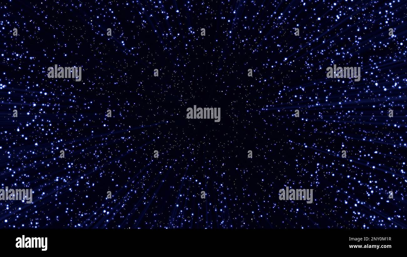 Stream of shimmering shiny particles in dark space. Motion. Explosion ...