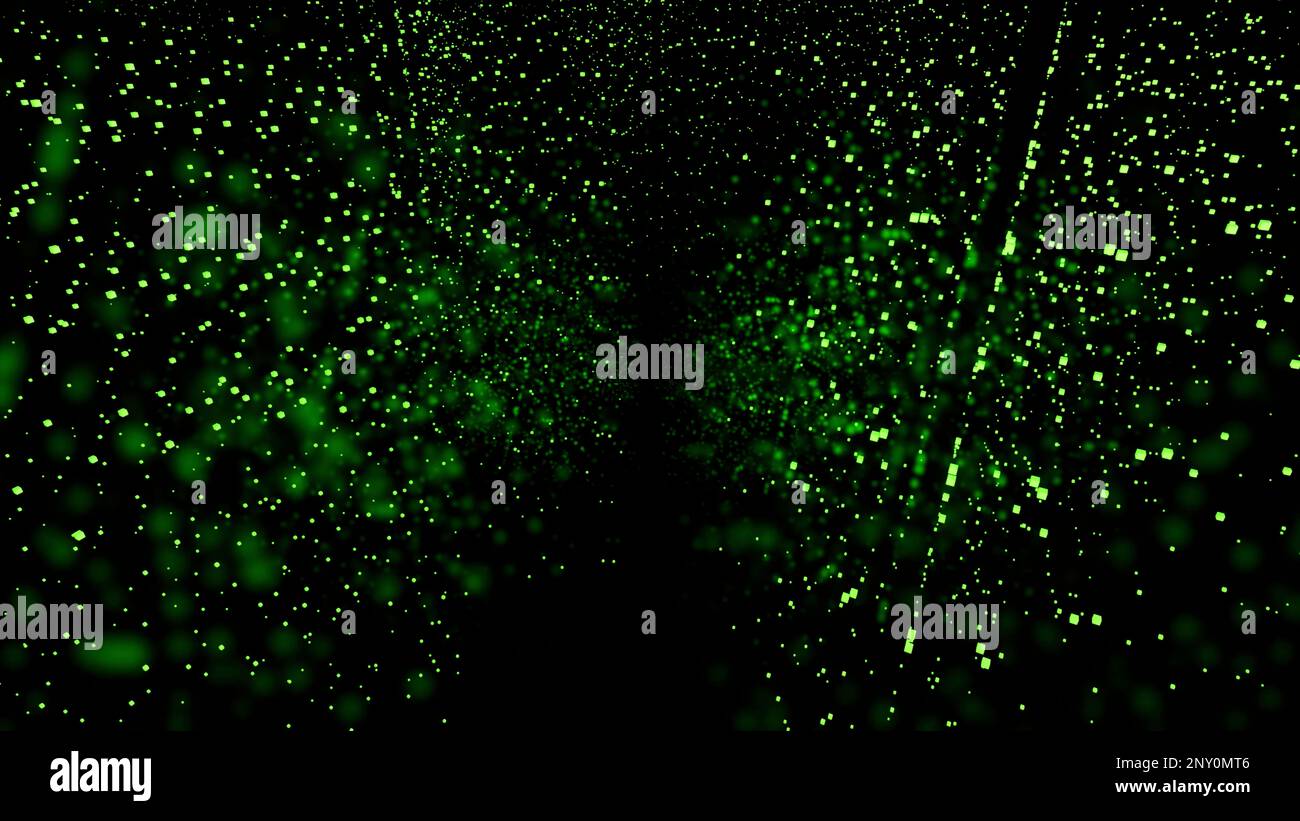 Green dark background. Design.Bright green particles in the animation ...