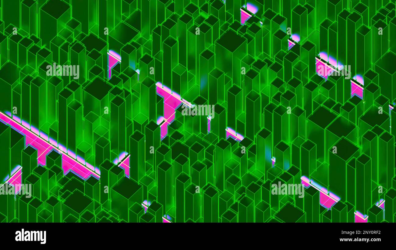 Green and red background. Design. Bright animation consisting of small squares and rectangles of ...