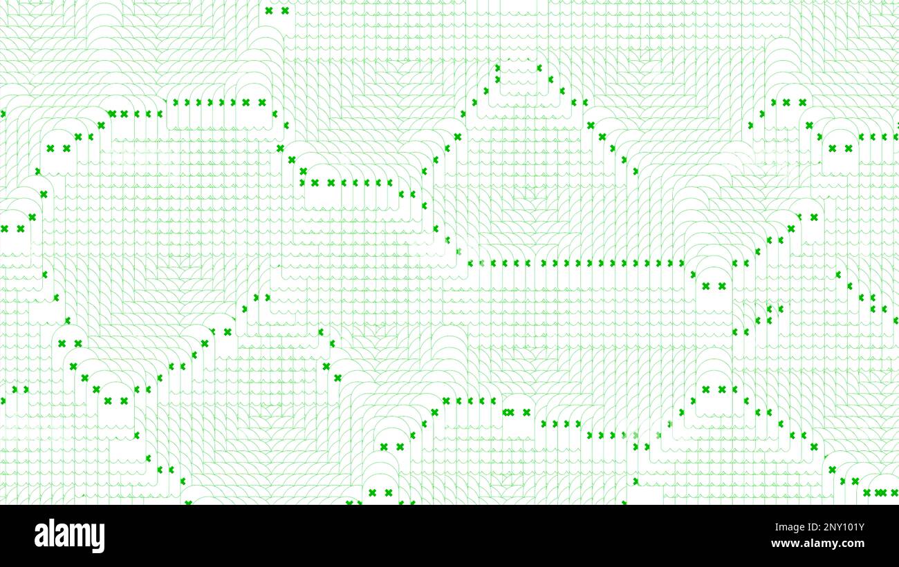 White background. Design.Green small squares in pixels that move around ...
