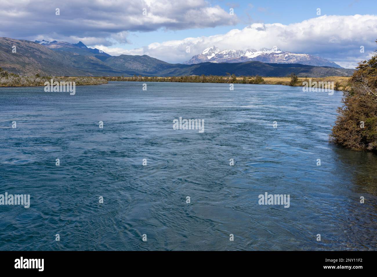 Serrano River with crystal clear blue water at Torres del Paine ...