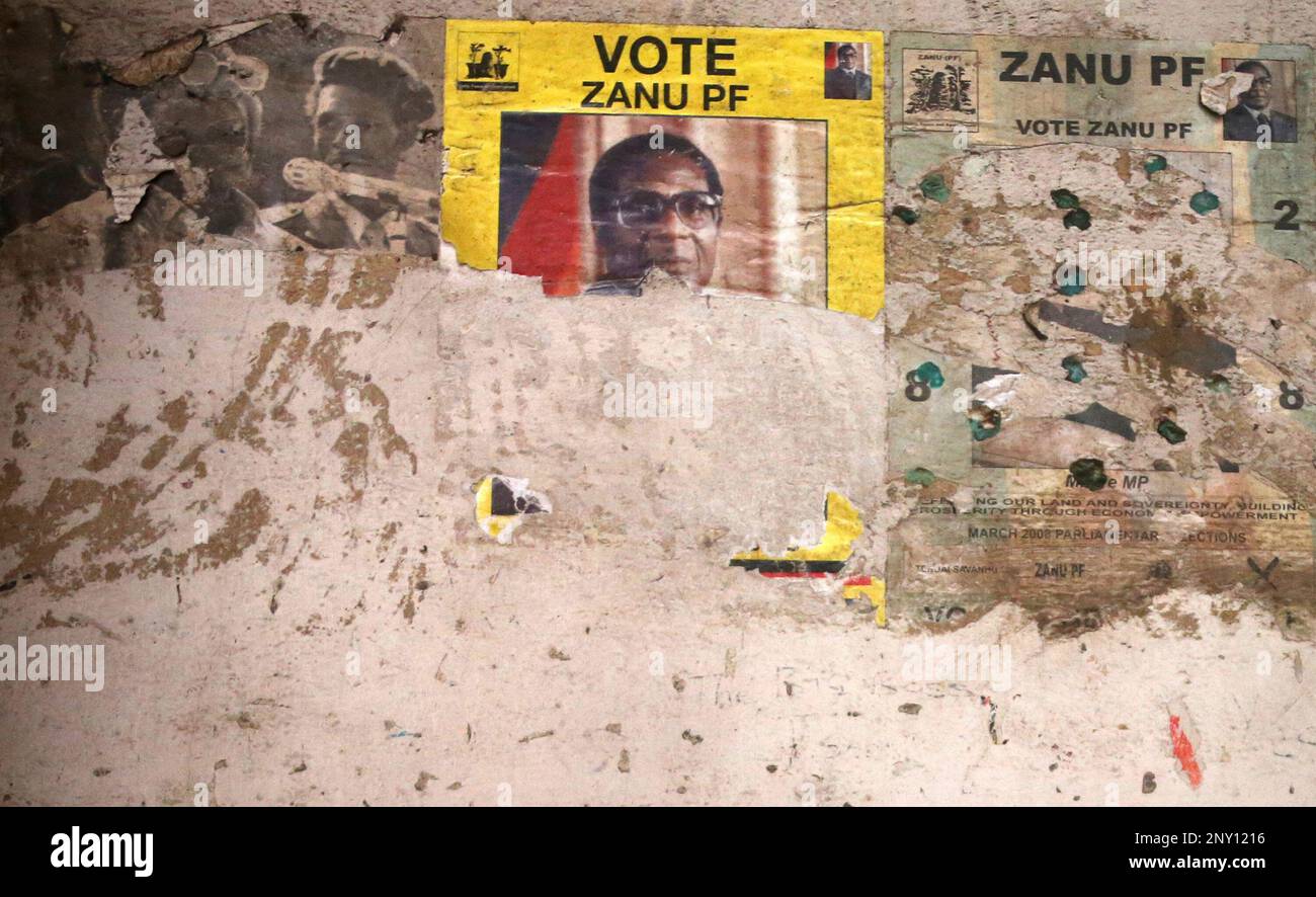 An election poster from the 2008 Zanu Pf election campaign on the wall ...