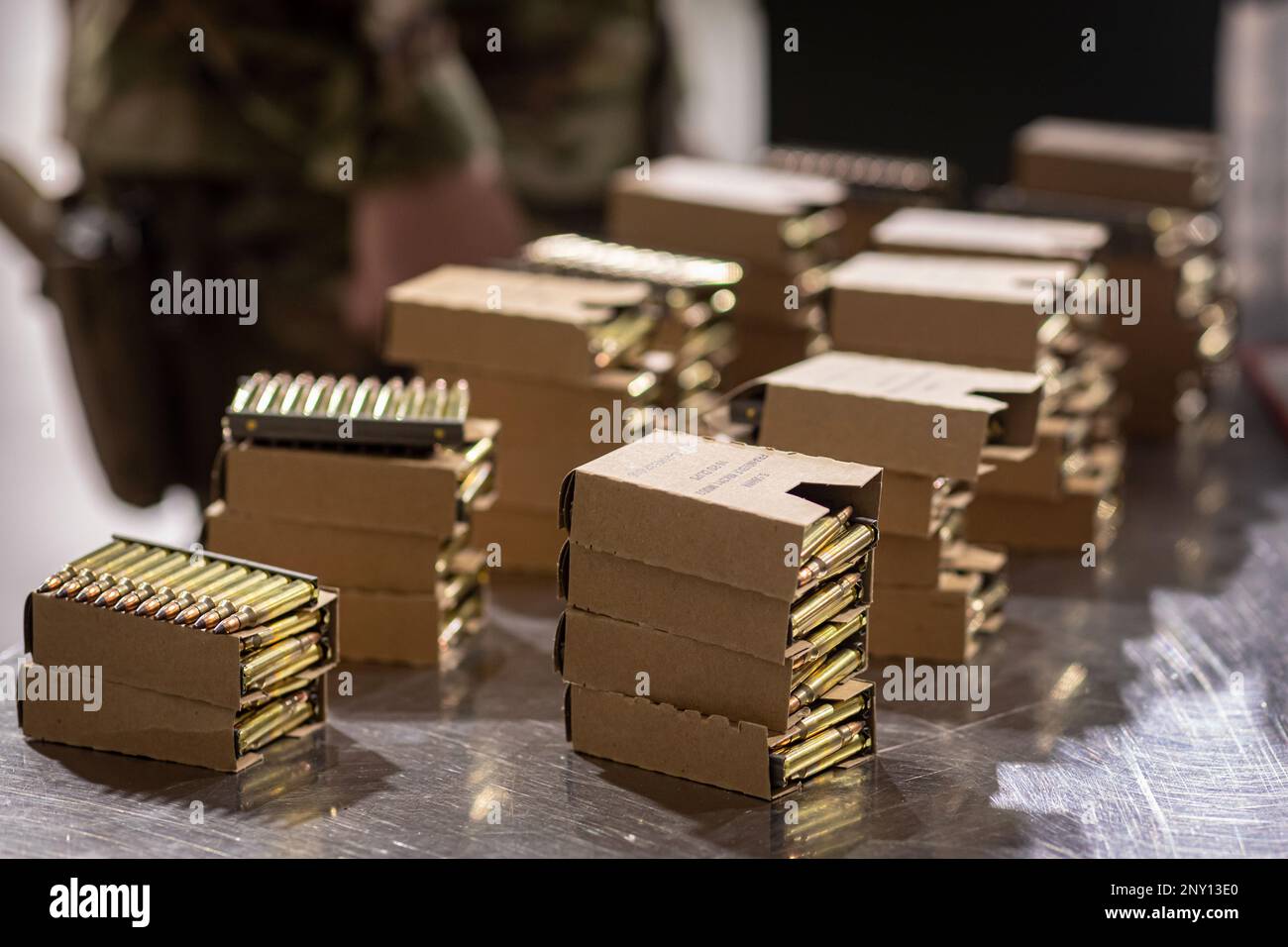 5.56mm ammunition is prepared for M4 carbine qualification at a ...