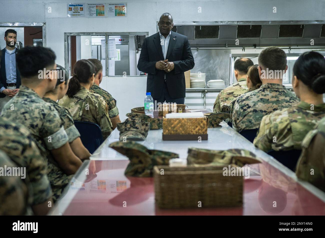 Secretary of Defense Lloyd J. Austin III visits with service members ...