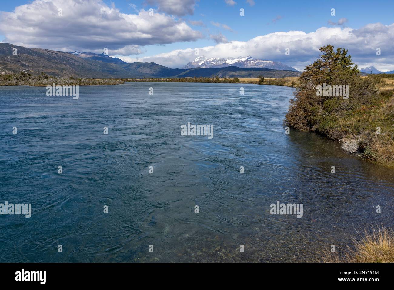 Serrano River with crystal clear blue water at Torres del Paine ...