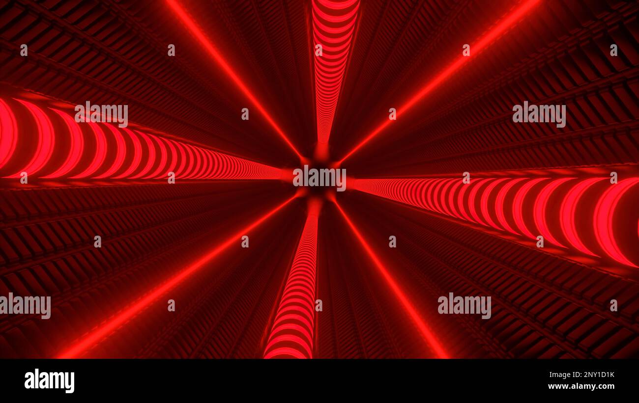 Purple and red tunnel. Design. Light long closed corridor in animation ...