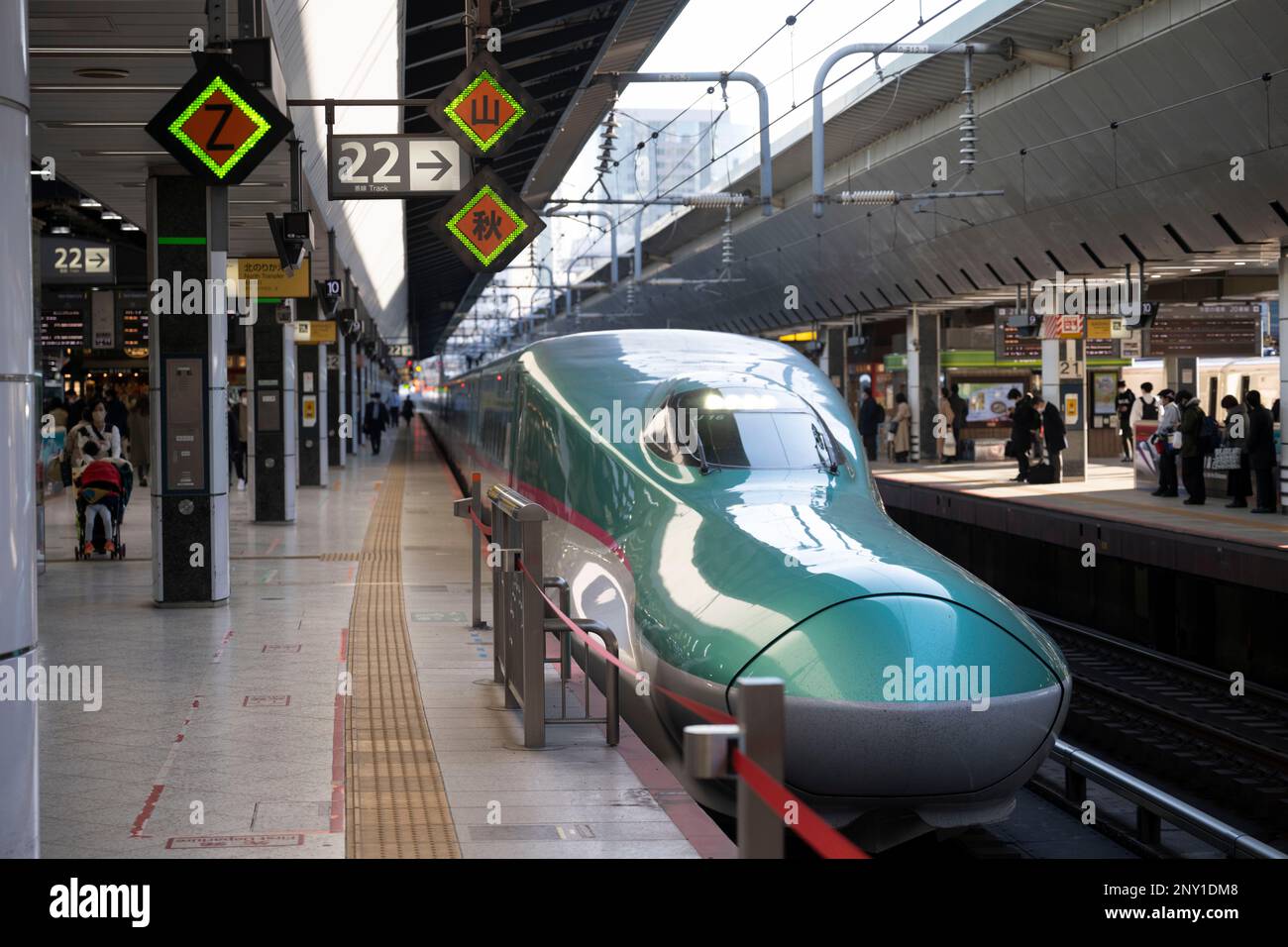 Tokyo, Japan. 28th Feb, 2023. A JR East E5 (H5) Shinkansen, built by Hitachi and Kawasaki Heavy ...