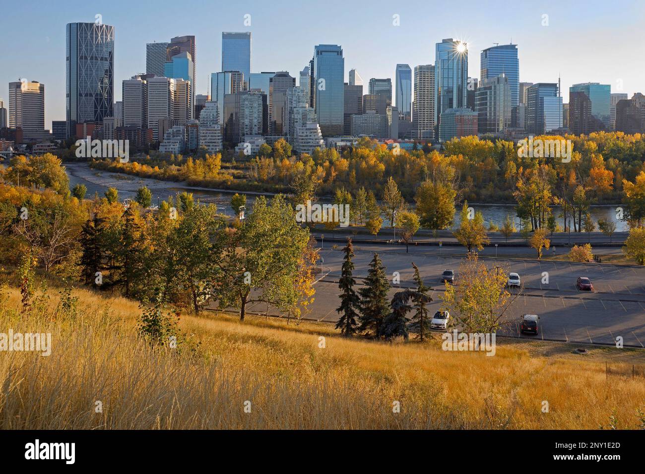 Calgary downtown skyline on the floodplain of the Bow River in autumn ...