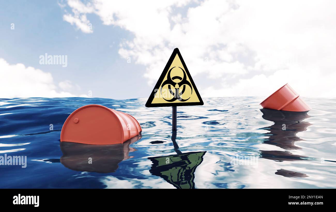 A dangerous place. Design. A blue calm sea with polluting barrels of ...