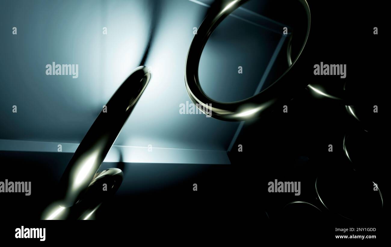 Golden flying rings. Design. Dark background in abstraction with gold ...