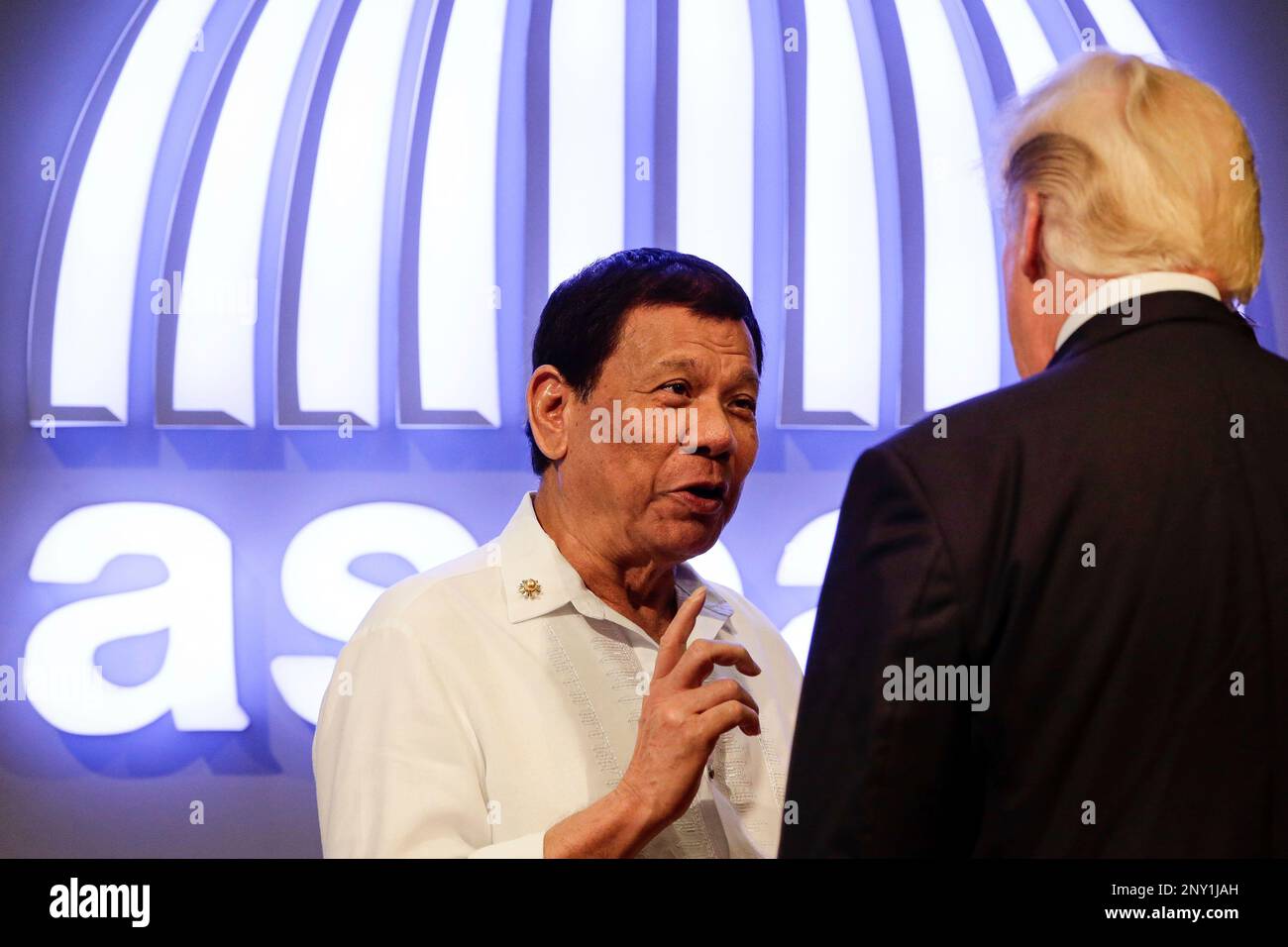 Philippine President Rodrigo Duterte, left, gestures before U.S ...