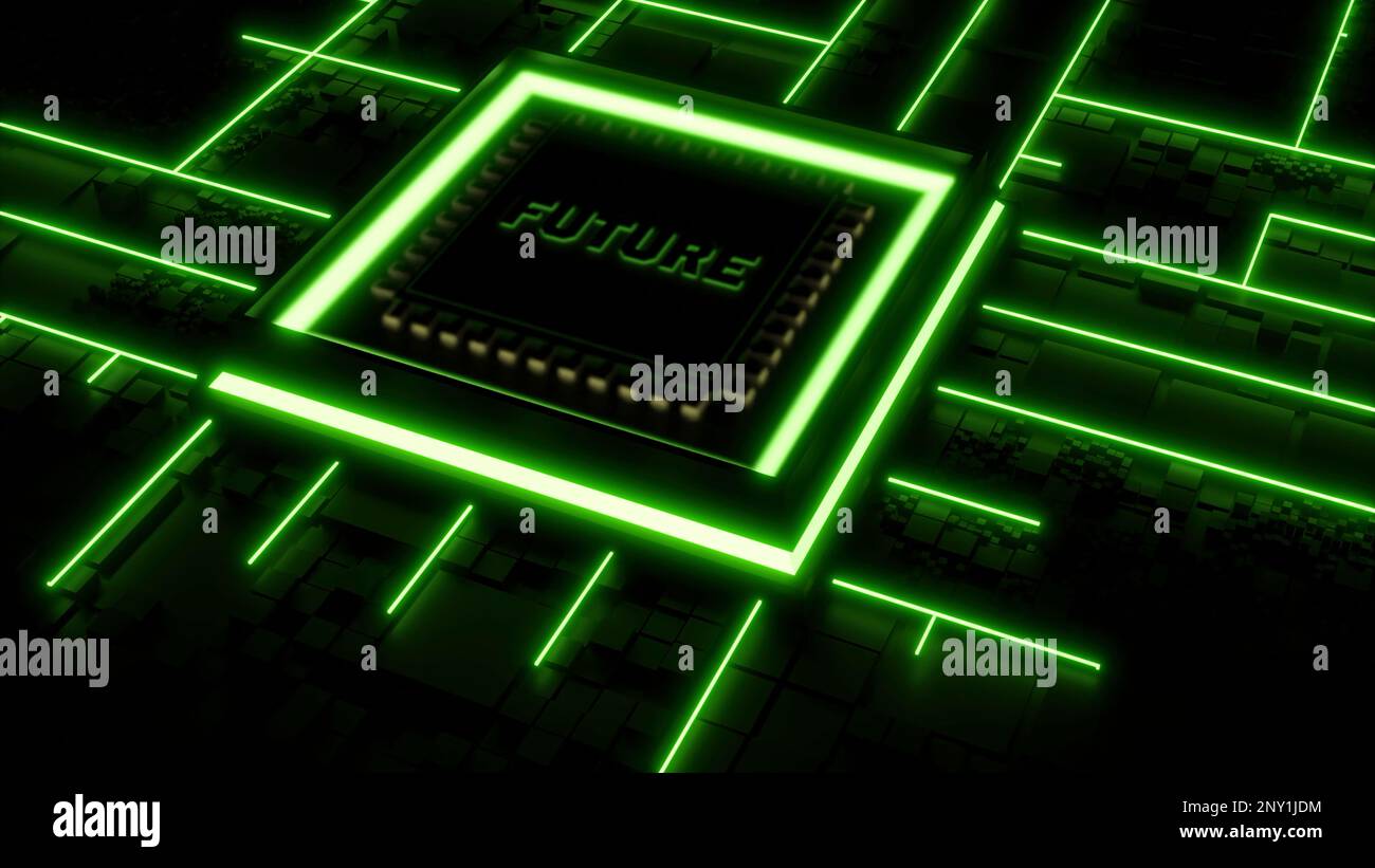 Futuristic chip with moving neon energy lines. Design. Chip with word future starts computer ...
