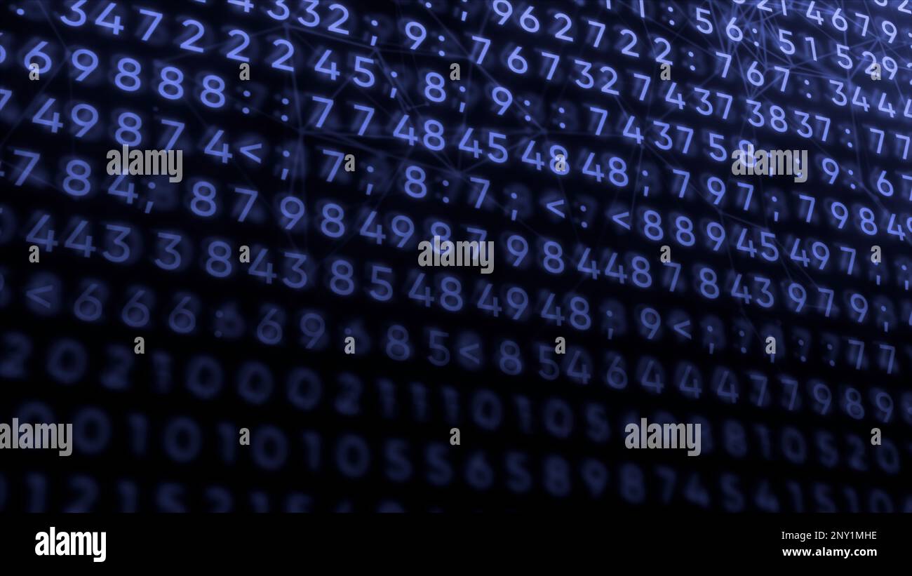 Dark background with green and purple numbers. Motion.Complex digital ...