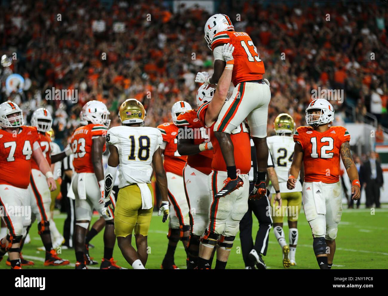 November 11, 2017: The Miami Hurricanes team celebrate a touchdown ...