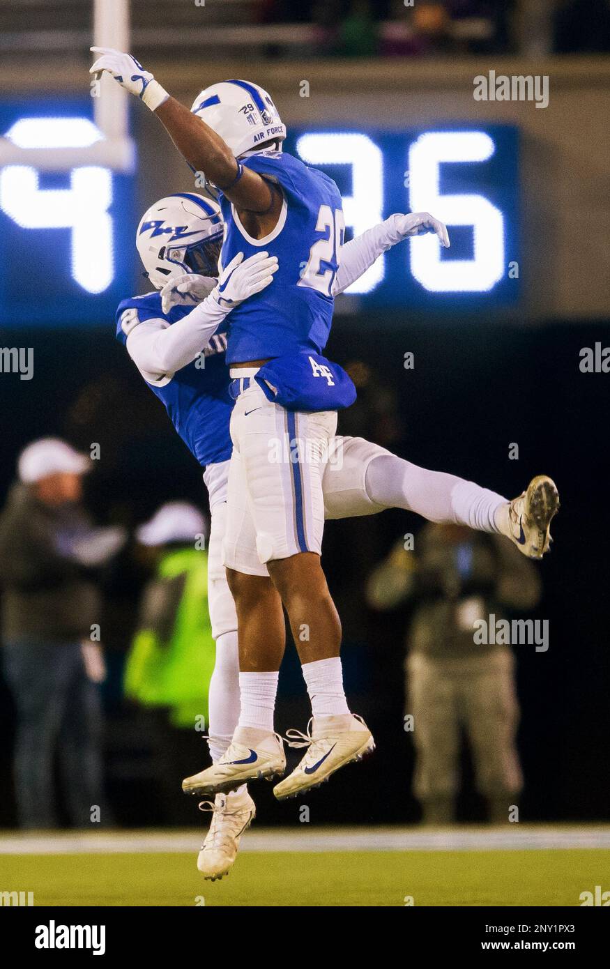 Air Force quarterback Arion Worthman (2), left, and defensive back Kyle Floyd (29) celebrate ...