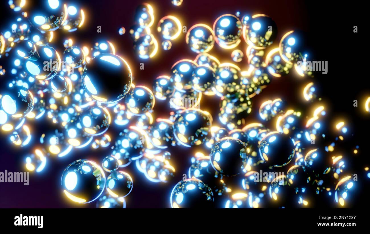 Moving stream of glowing bubbles on dark background. Design. Bright glowing bubbles move in ...