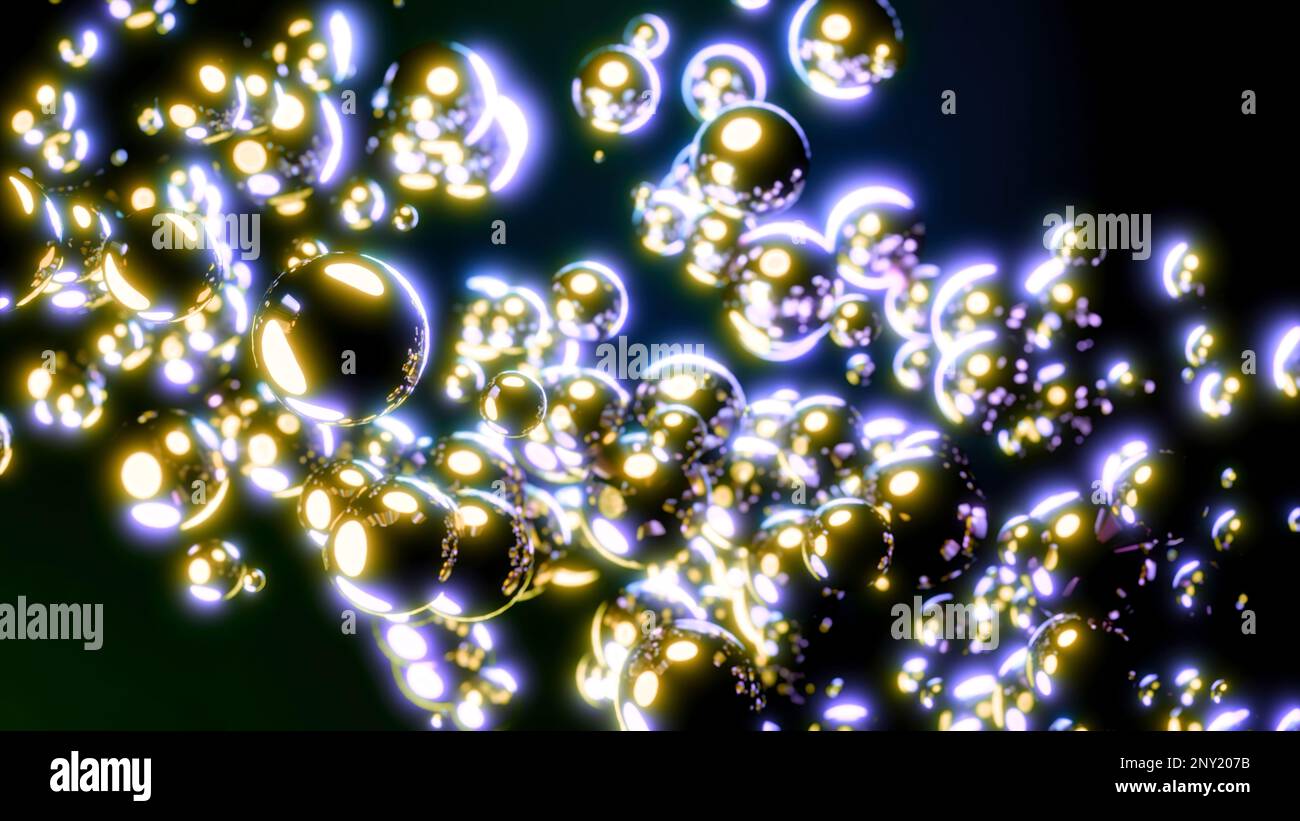 Moving stream of glowing bubbles on dark background. Design. Bright glowing bubbles move in ...