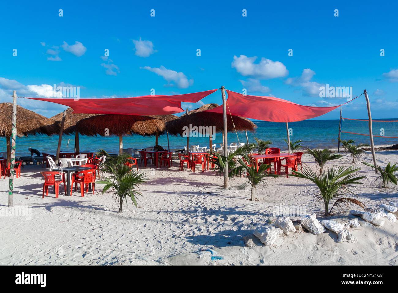 Mahahual, Quintana Roo, Mexico, A bar restaurant with red parasol of ...