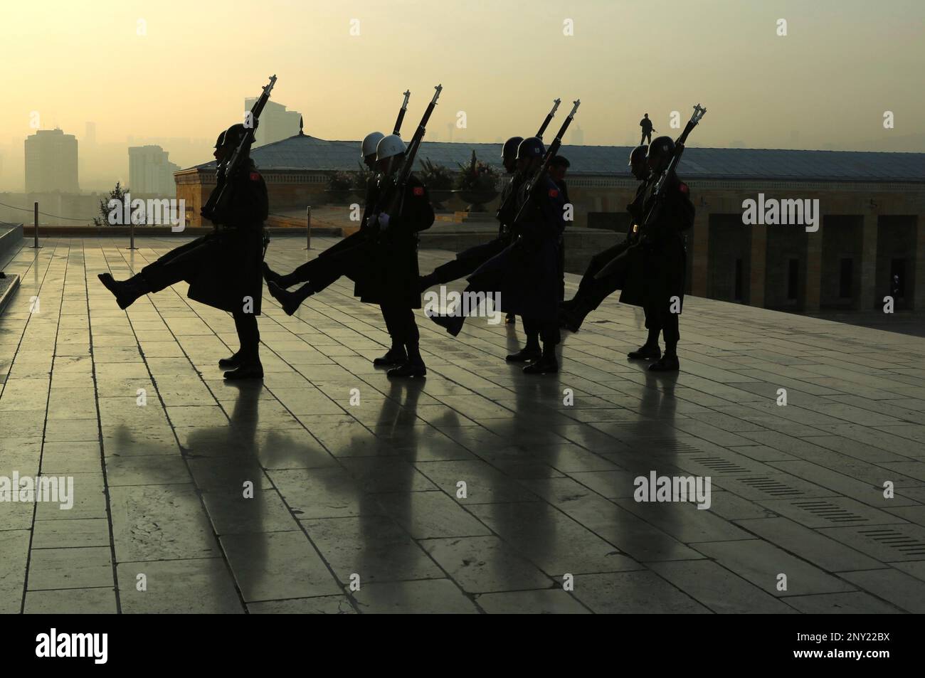 Turkish military honour guards perform the hourly changing of the guard ...