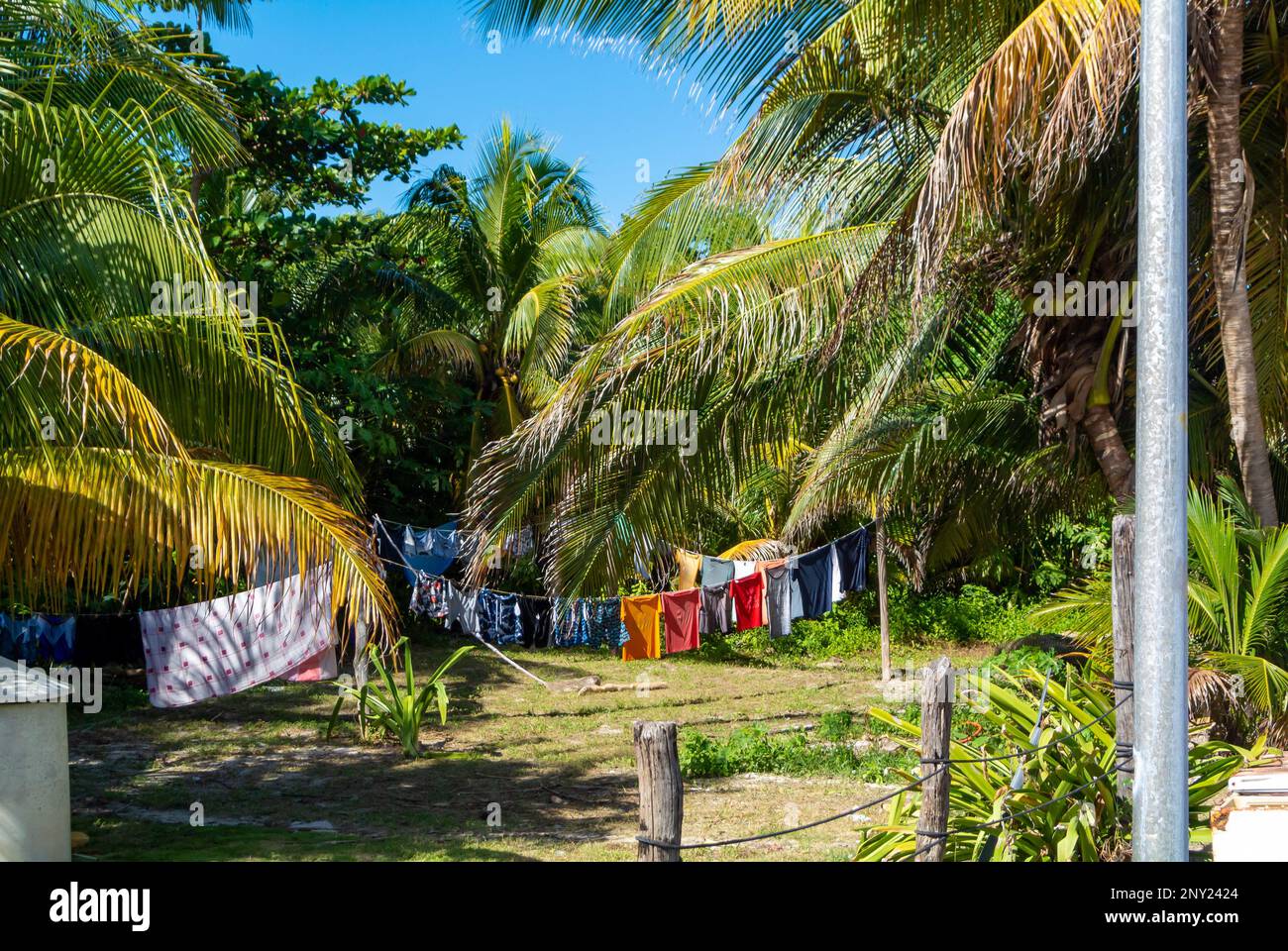 Mahahual, Quintana Roo, Mexico, Laundry hanging on a rope in the nature ...