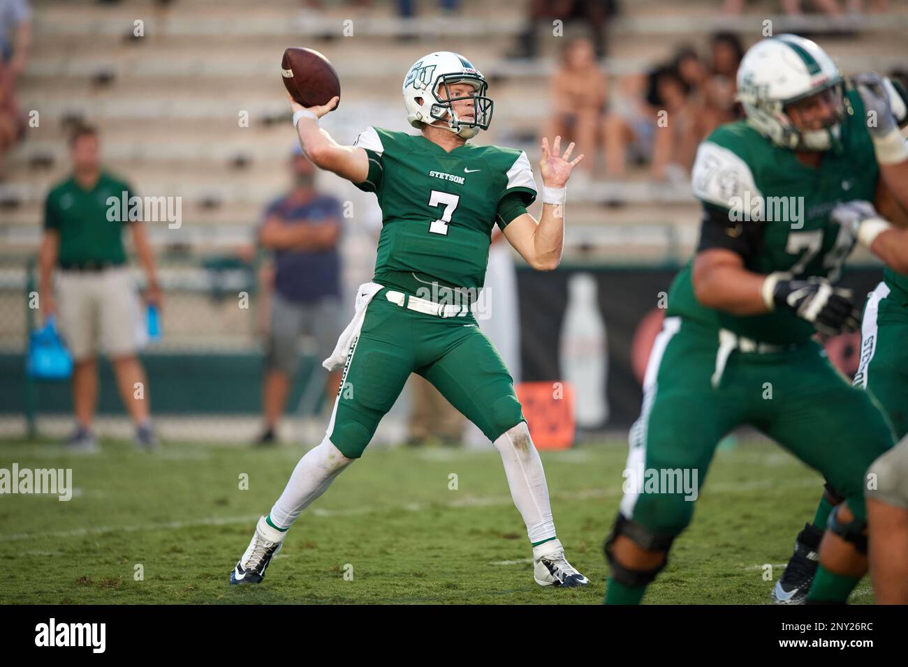 Stetson Hatters quarterback Colin McGovern (7) throws a touchdown pass ...