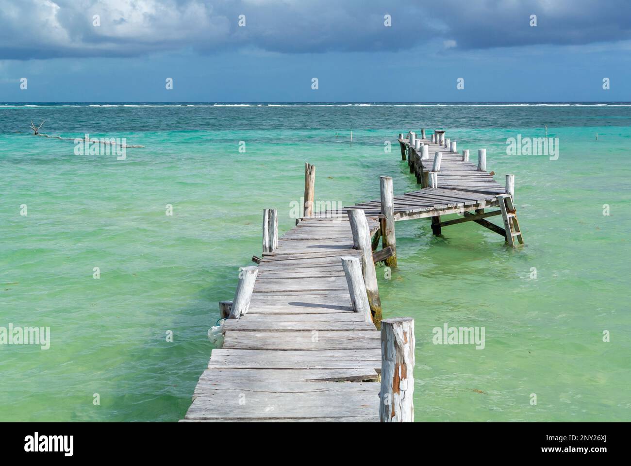 Mahahual, Quintana Roo, Mexico, A jetty on the beach of Mahahual with ...