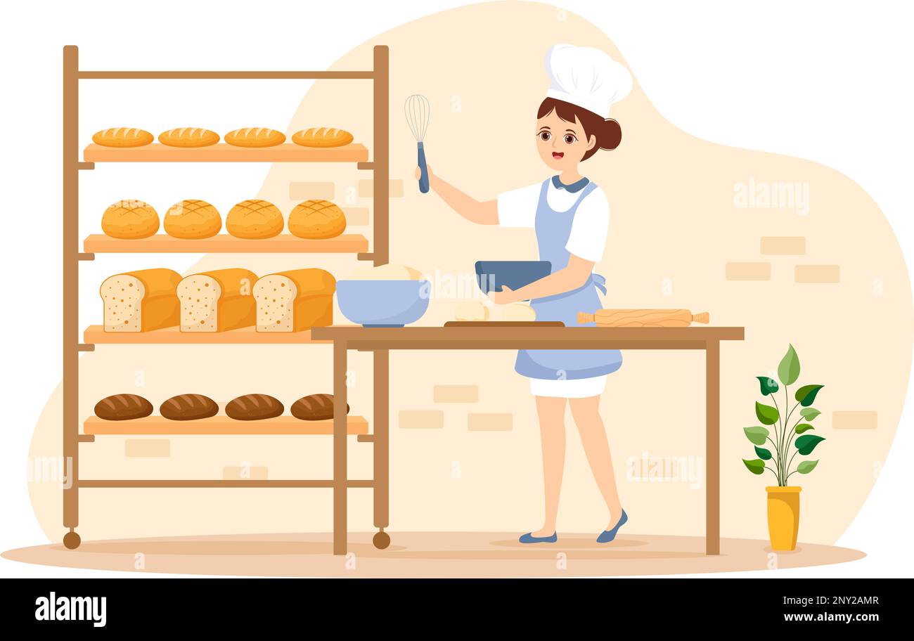 Bread Mill Illustration with Wheat Sacks, Various Breads and Windmill ...