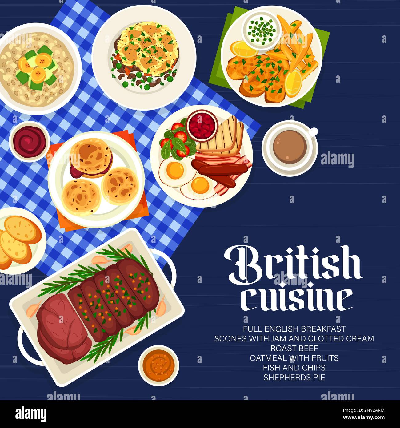British cuisine food menu cover page. Full English breakfast with eggs ...