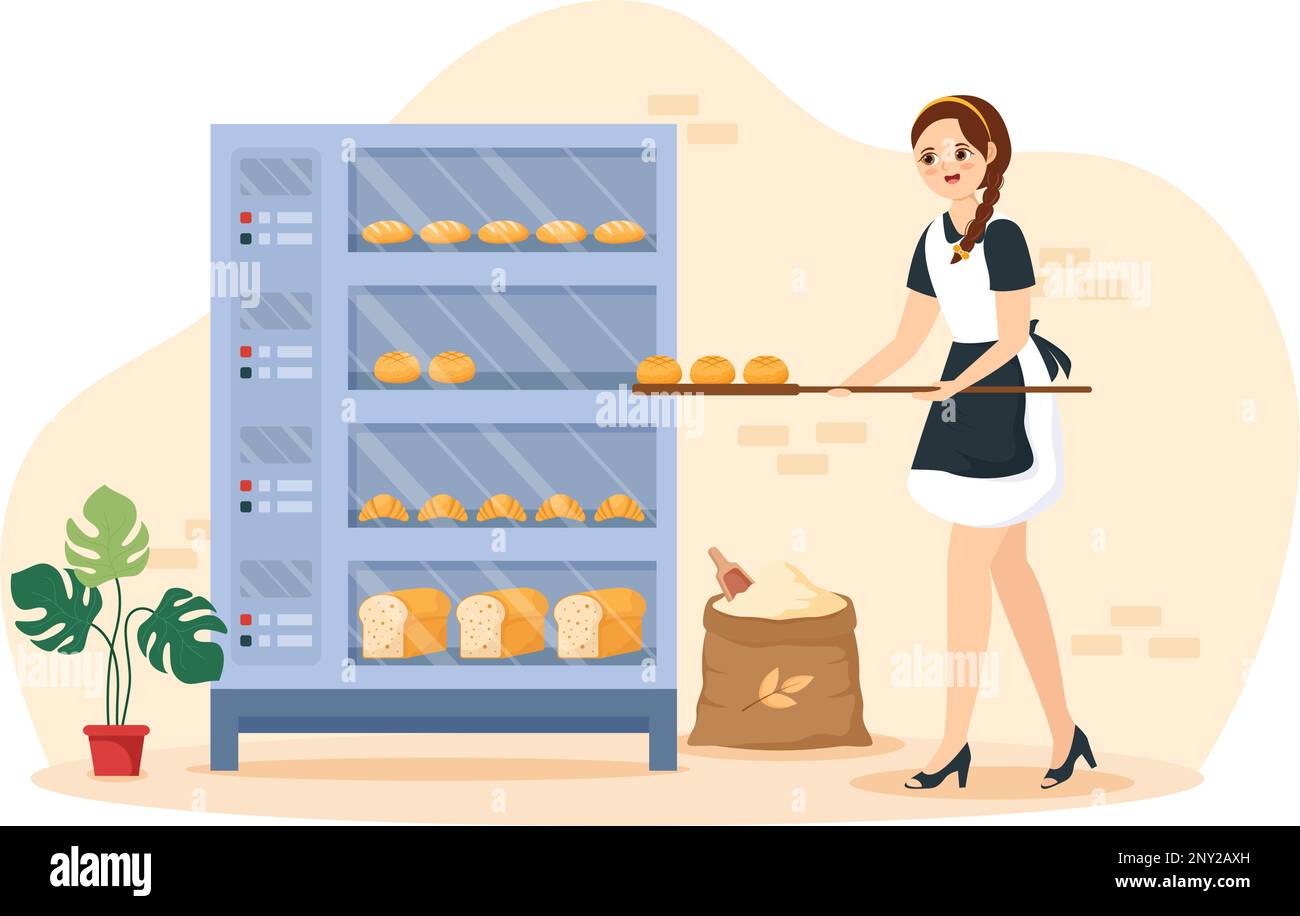 Bread Mill Illustration with Wheat Sacks, Various Breads and Windmill ...