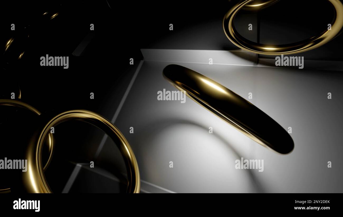 Golden flying rings. Design. Dark background in abstraction with gold ...