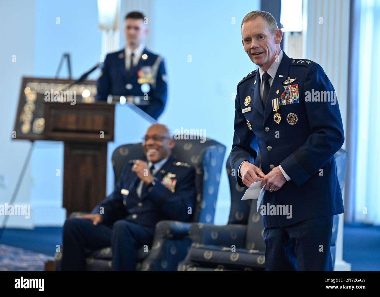 Air Force Lt. Gen. James Dawkins gives remarks during his retirement at ...