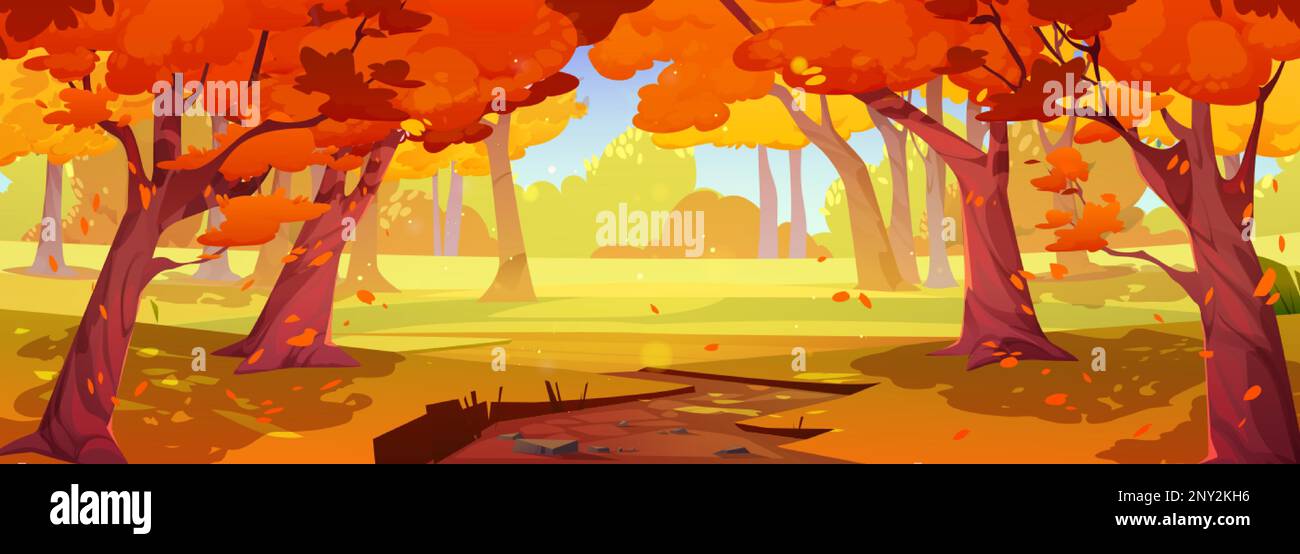 Sunny autumn forest, park nature landscape. Cartoon fall wood ...