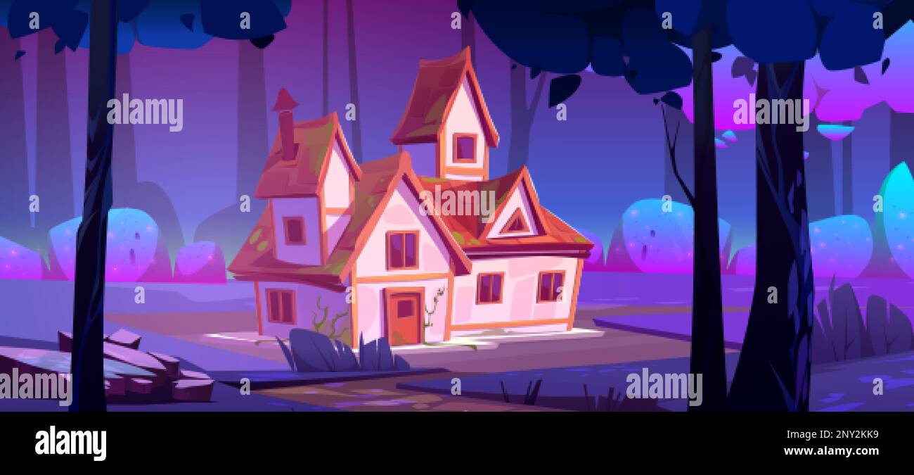 Forest landscape with house and trees at night. Fantasy magic wood with ...