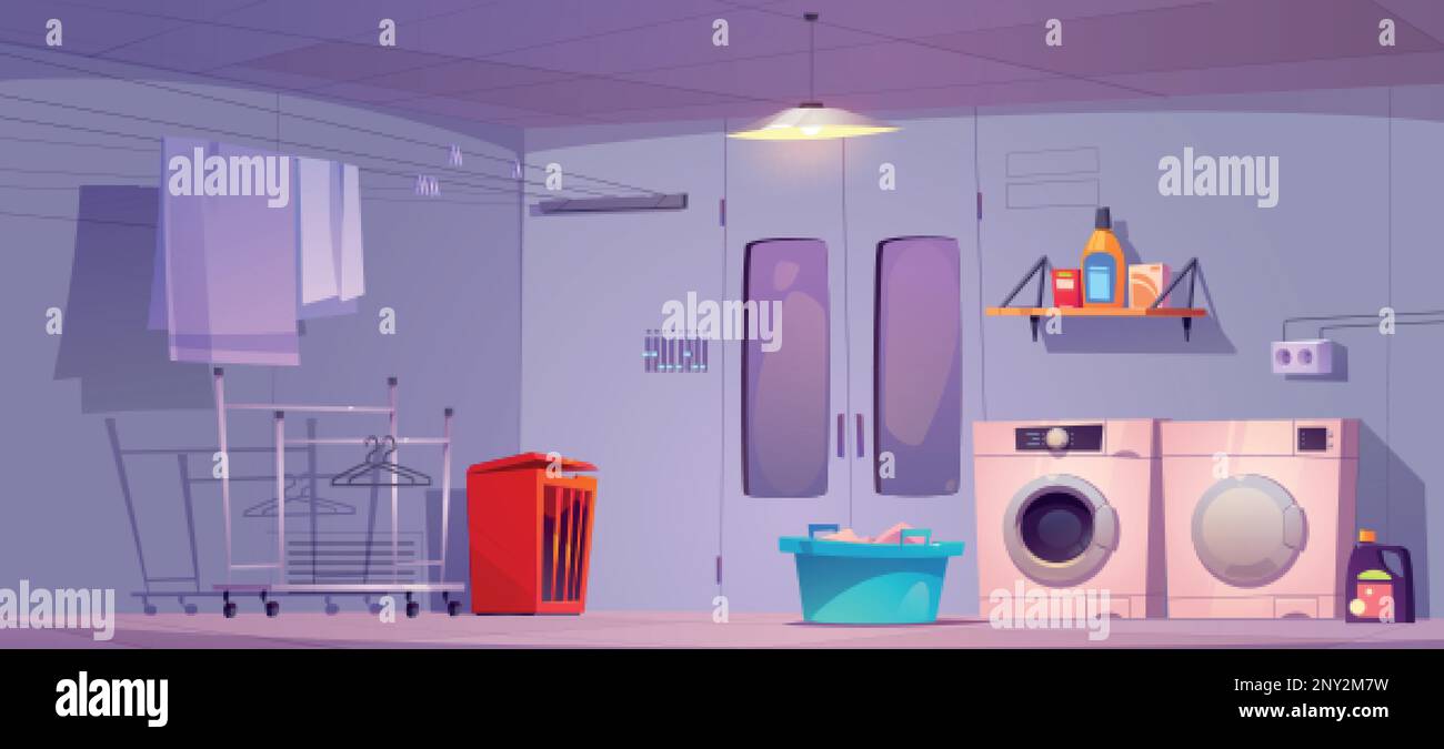 Cartoon laundry room interior design. Vector illustration of washing ...