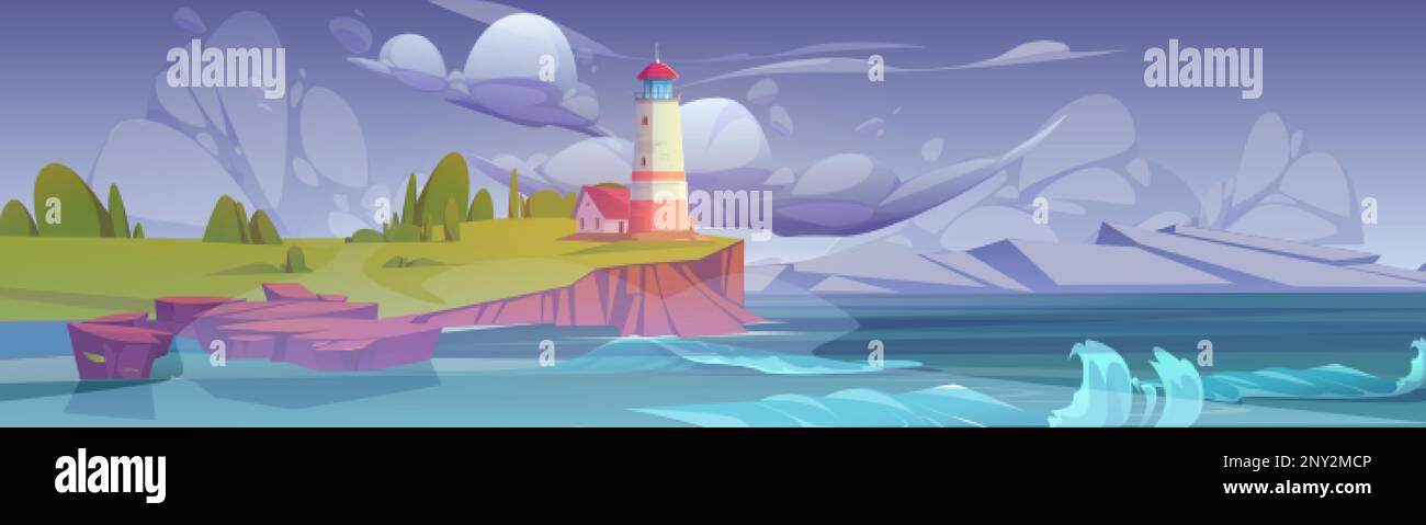 Lighthouse on sea coast in storm. Summer landscape of ocean beach with ...