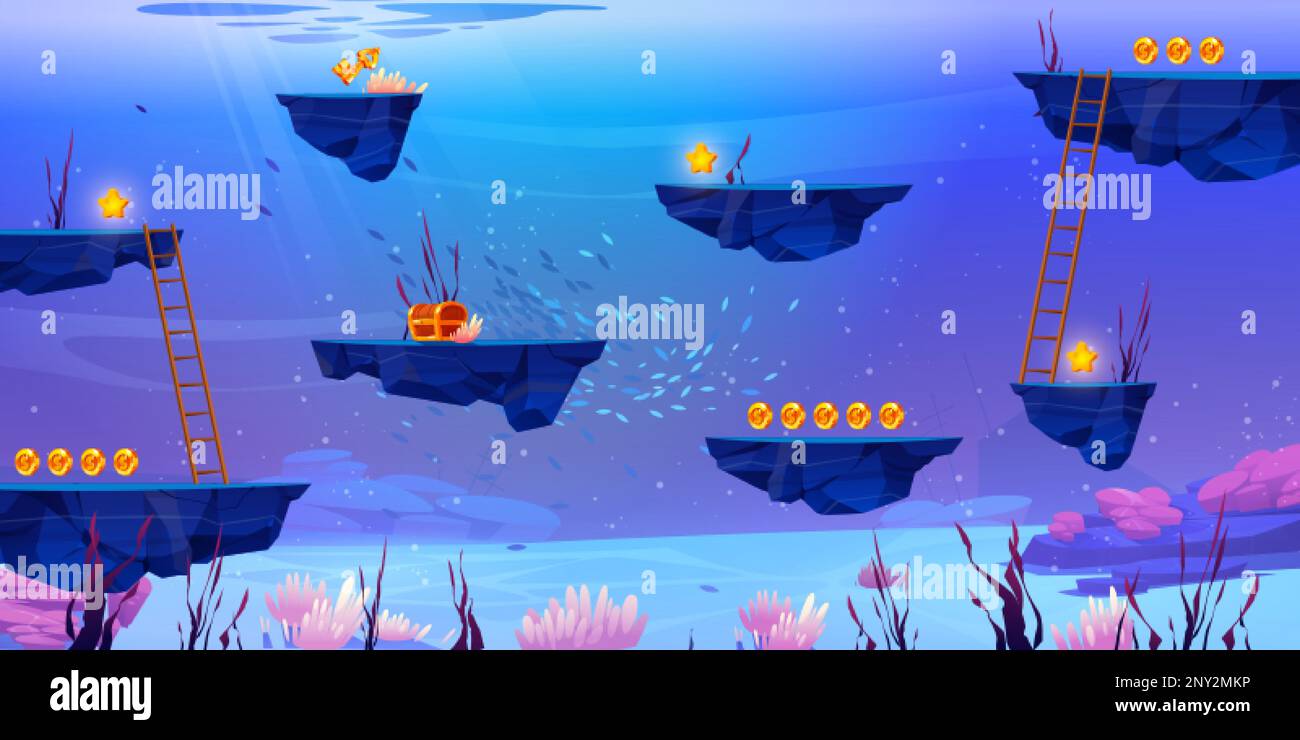Floating rock islands vector game underwater landscape. Ui level map ...
